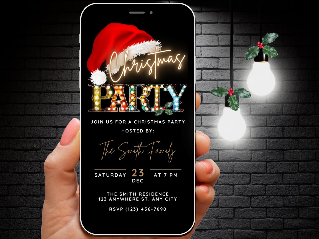 Digital Christmas Party Invitation, Santa Hat Neon and Funky Marquee ...