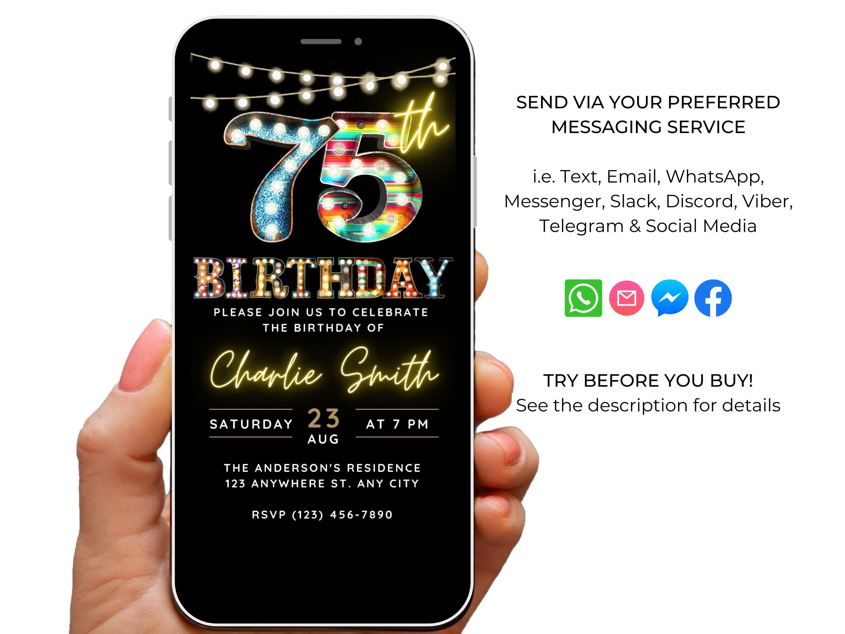 75th Birthday Invitation Digital Invite Template for Him for - Etsy