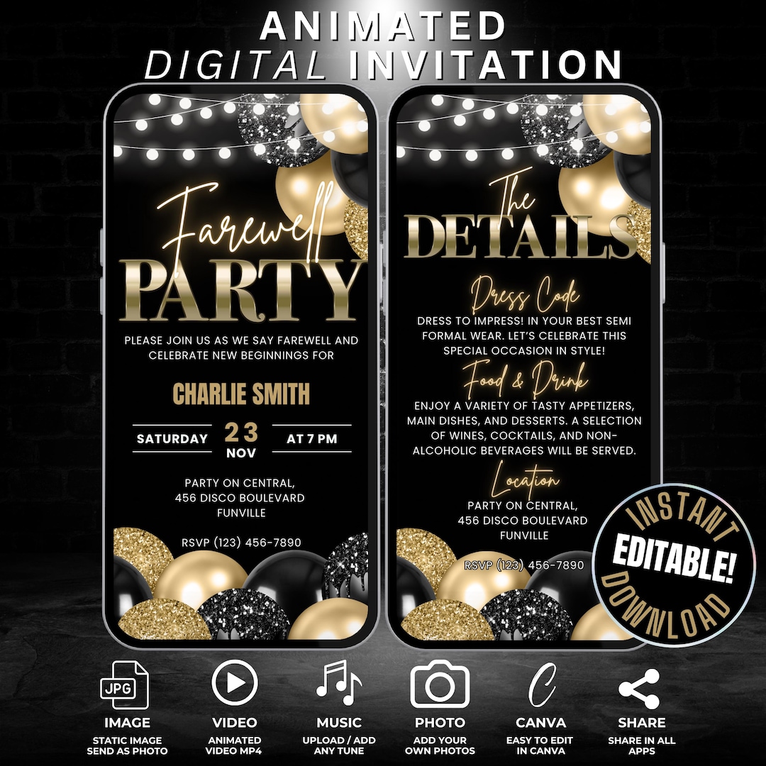 Animated Farewell Party Video Invitation Template, Black Gold Farewell ...