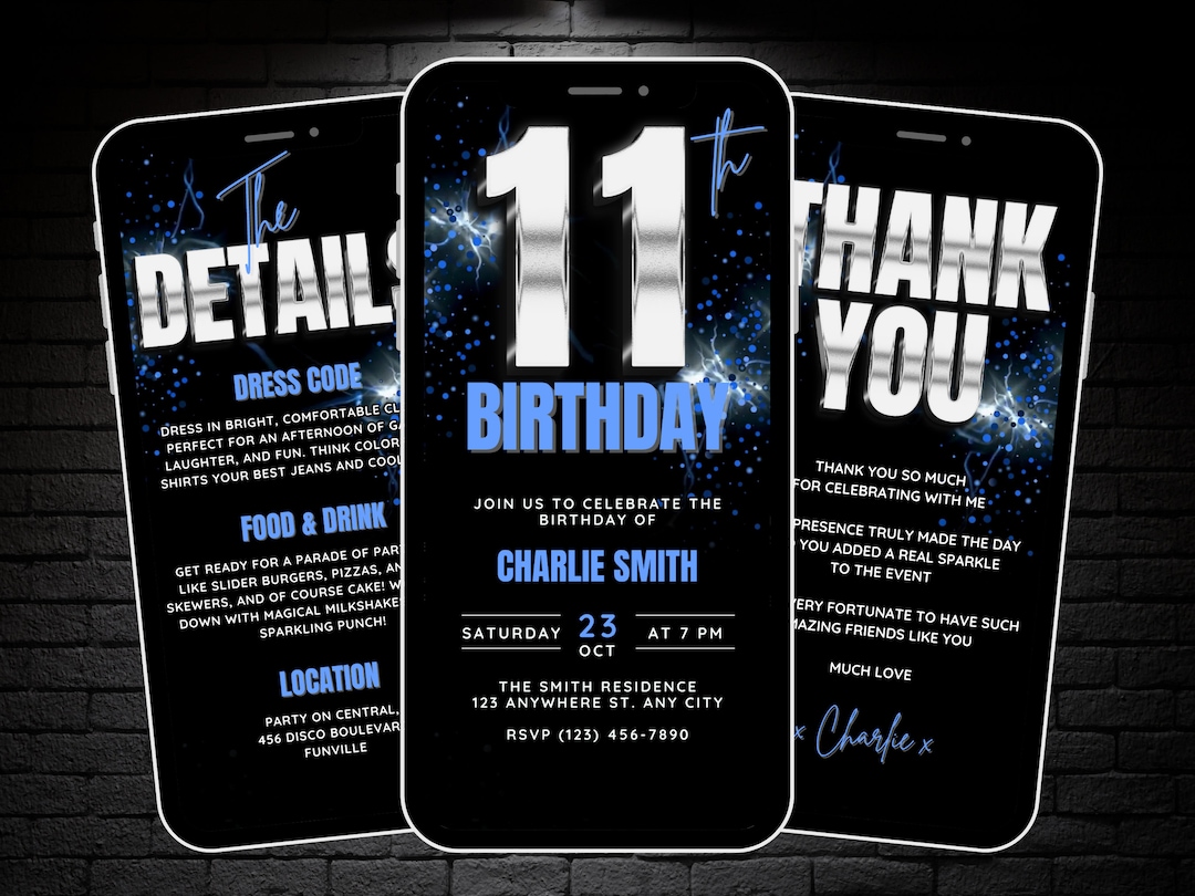 Boys 11th Birthday Invitation, Animated Silver Blue 11 Birthday Party Invite, Editable Digital ...