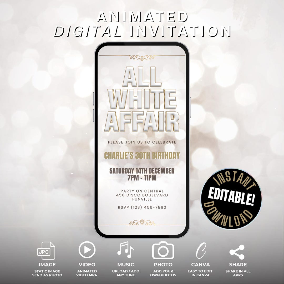 Digital All White Party Invitation Template, Editable Birthday Dinner ...