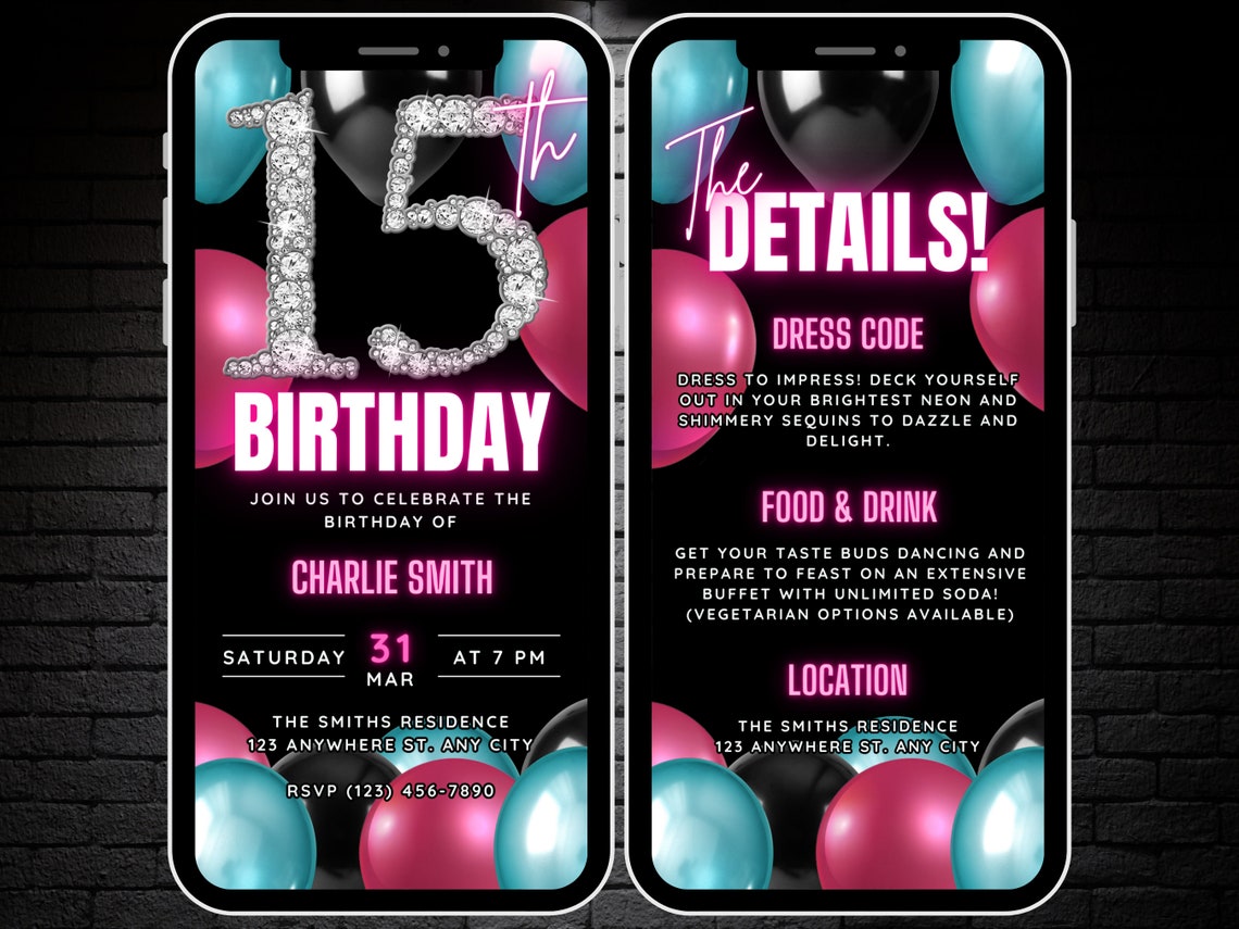 Digital Girls Animated Fifteen 15th Birthday Party Invite, Editable ...