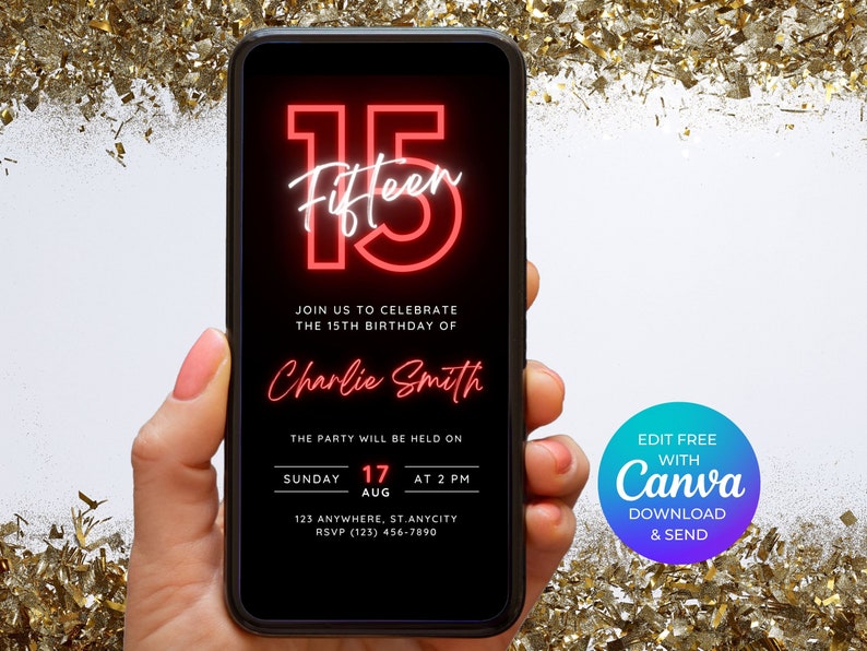 15th Red Neon Invite Boy Digital 15th Party Invitation - Etsy