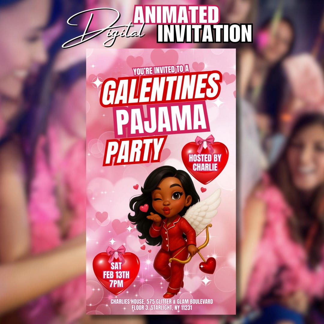 Galentines Day Pajama Party Invitation Pink & Red Girls Night Slumber ...