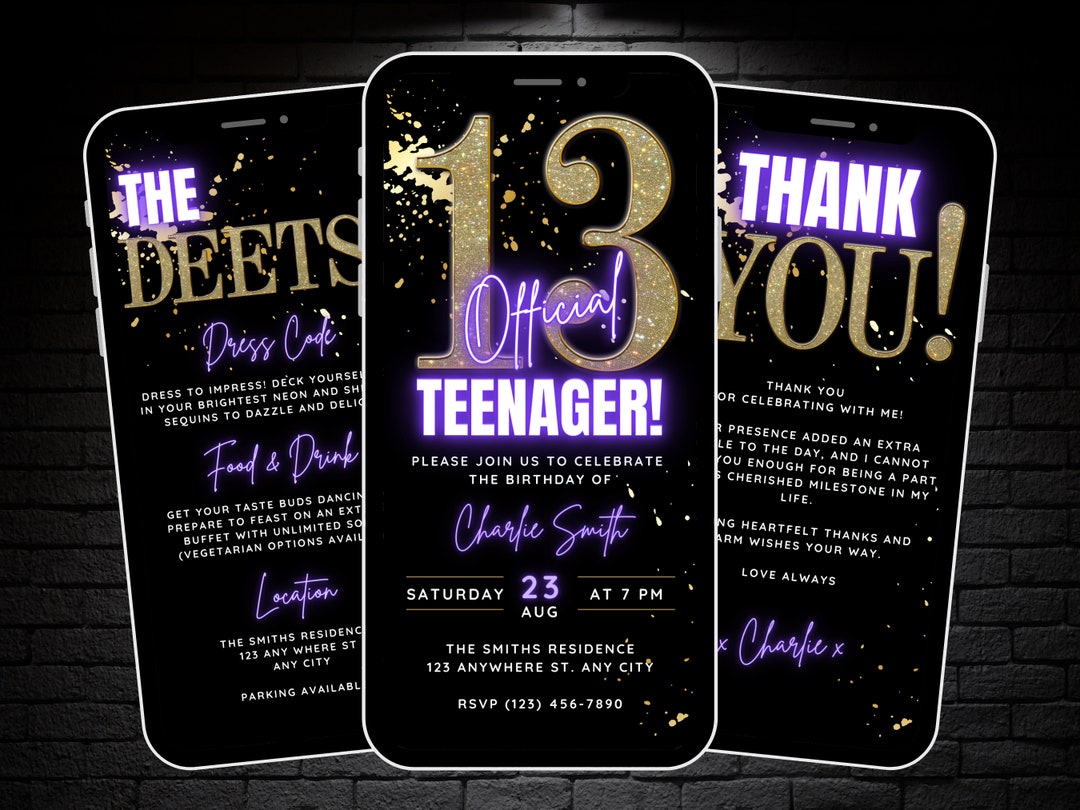 Digital 13th Birthday Invitation Girl 13th Birthday Invite Purple ...