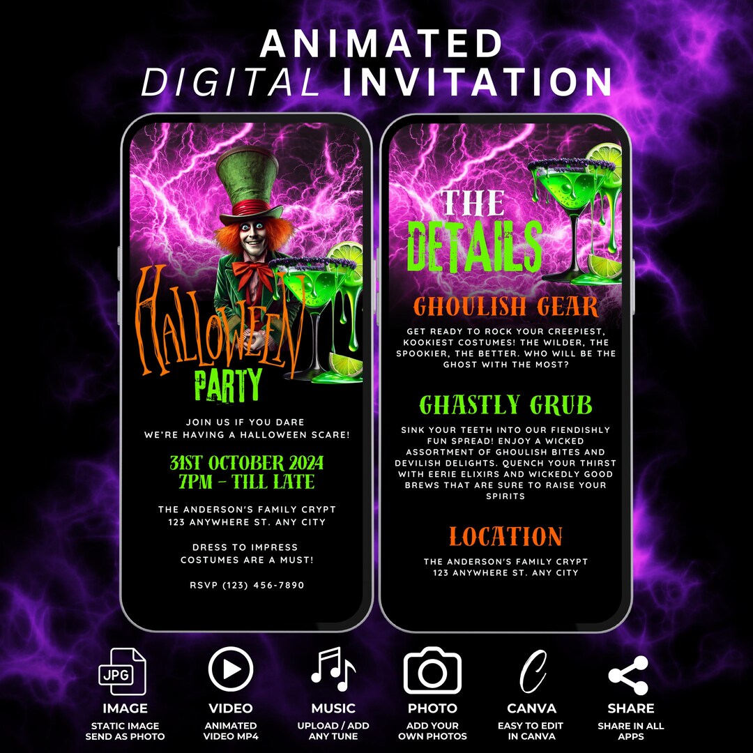 Digital Halloween Party Invite Template With Details, Neon Halloween ...