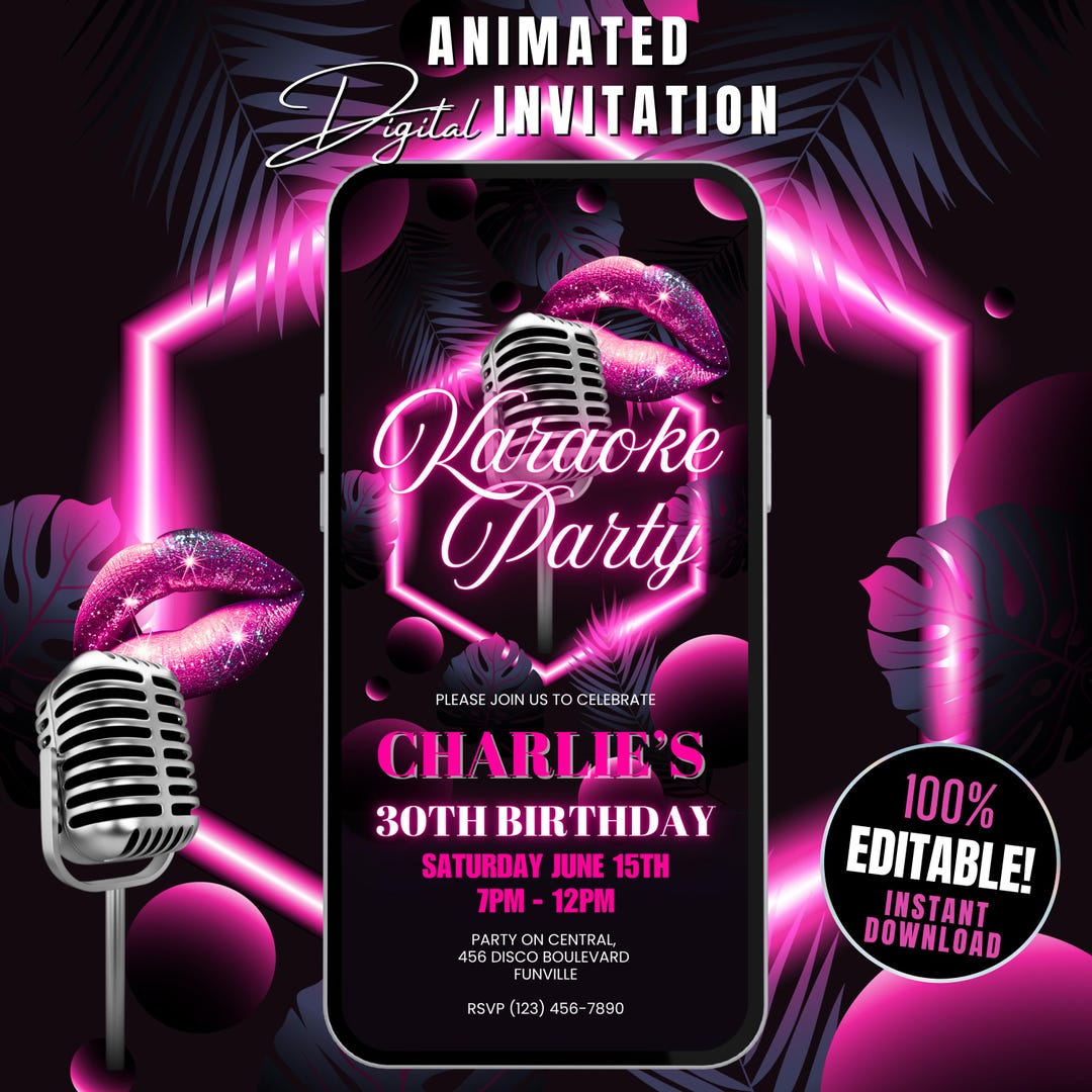Digital Karaoke Party Invitation Pink Mic Drop Invite Editable Karaoke ...