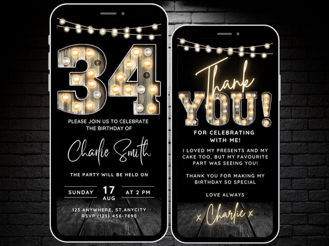 Digital 34th Birthday Invitation for Men, 34th Birthday Invite for ...