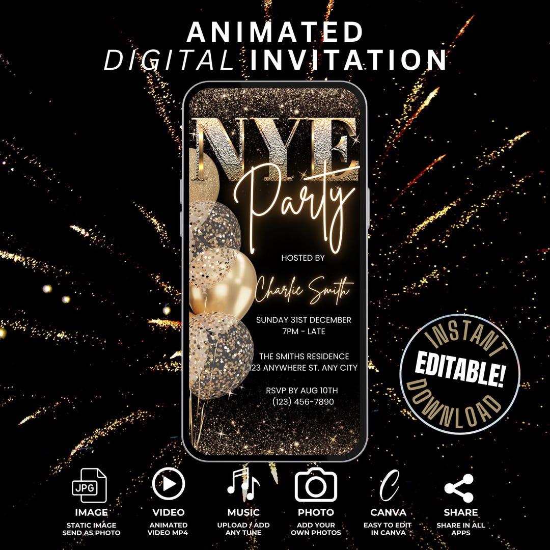 New Years Eve Party Invitation, Digital NYE Party Invite, New Years ...