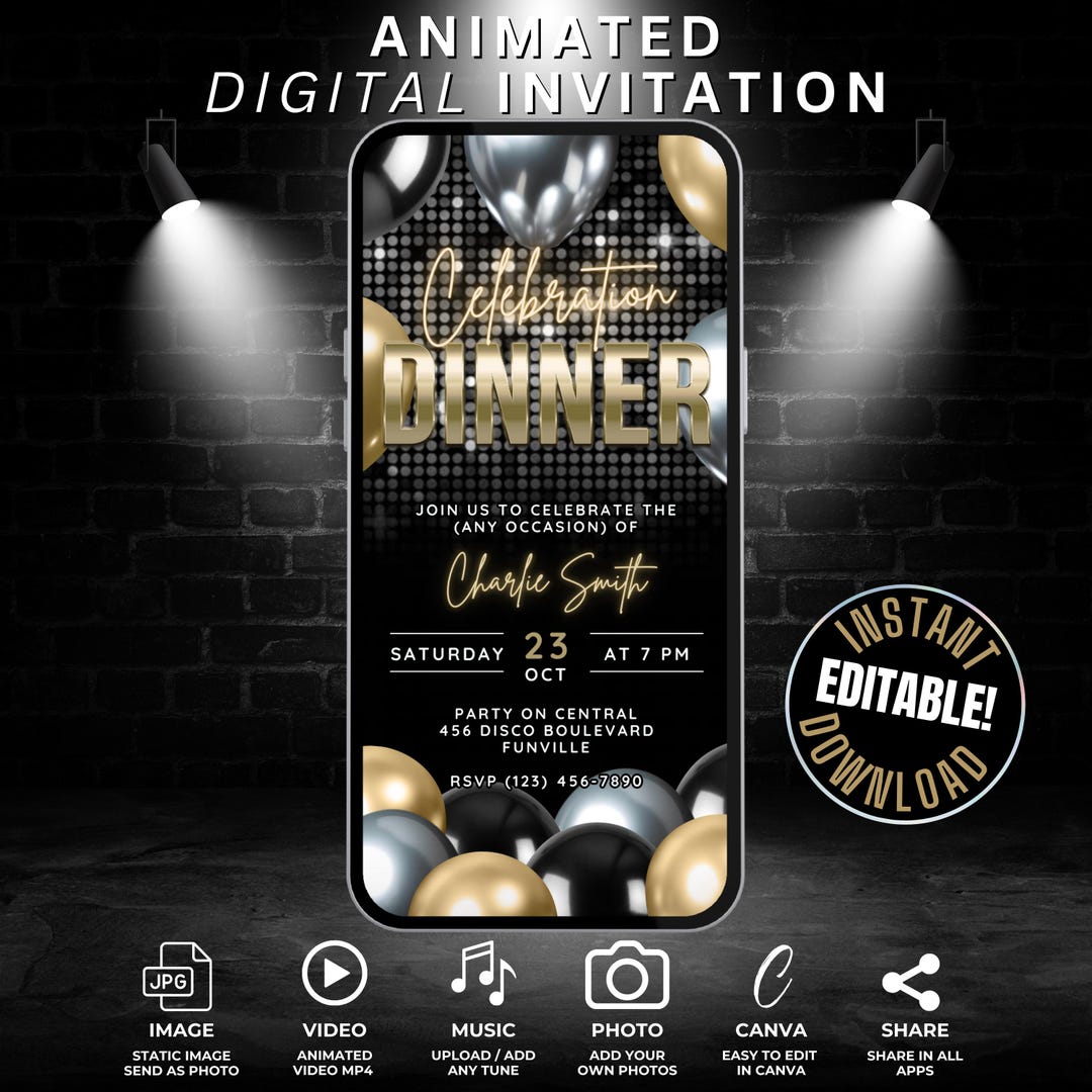 Digital Birthday Dinner Invitation, Editable Silver Black & Gold Dinner ...
