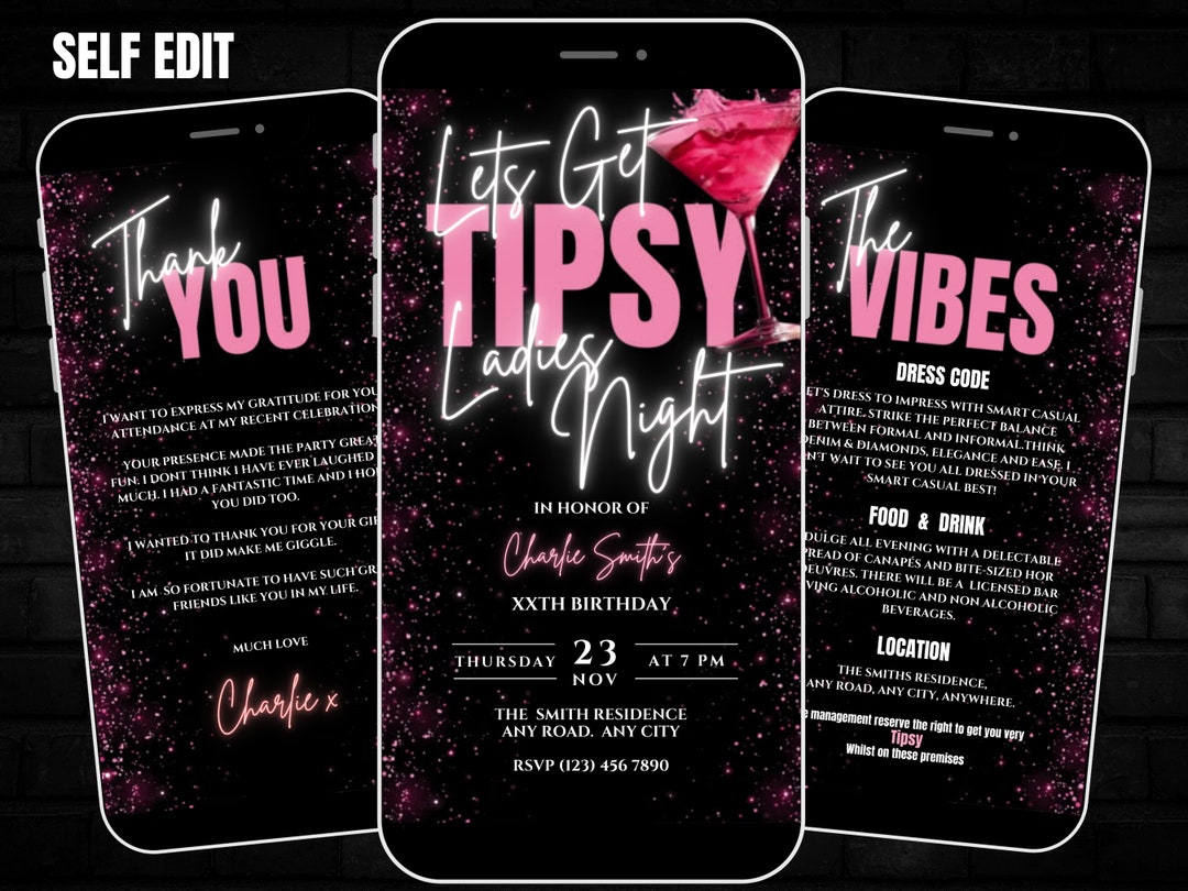 Animated Ladies Night Invitation, Ladies Fun Night Out Invitation, Neon ...