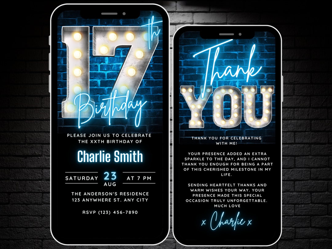 Digital 17th Birthday Invitation for Boys Girls, 17th Birthday Invite ...