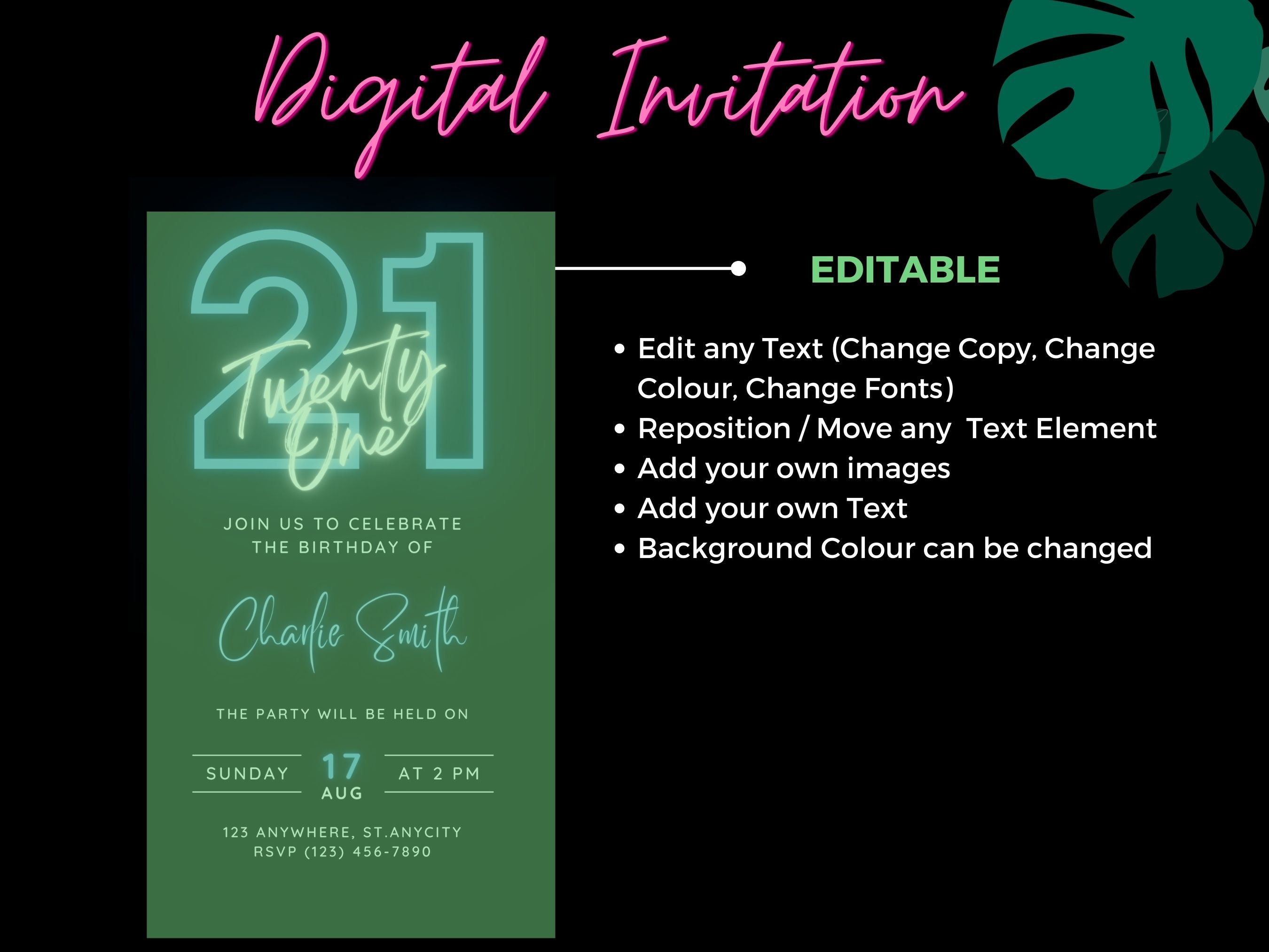 21st Birthday Invitation Template, 21st Party Invite Editable Template ...