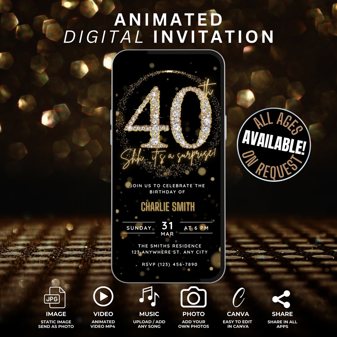 Surprise 40th Birthday Party Invitation for Women, Animated Forty ...