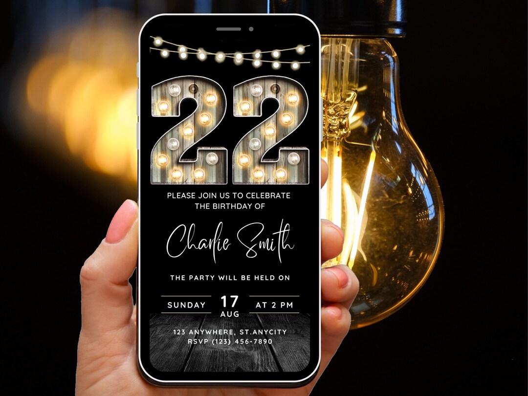 Digital 22nd Birthday Party Invitation for Men, Rustic Marquee Lights ...
