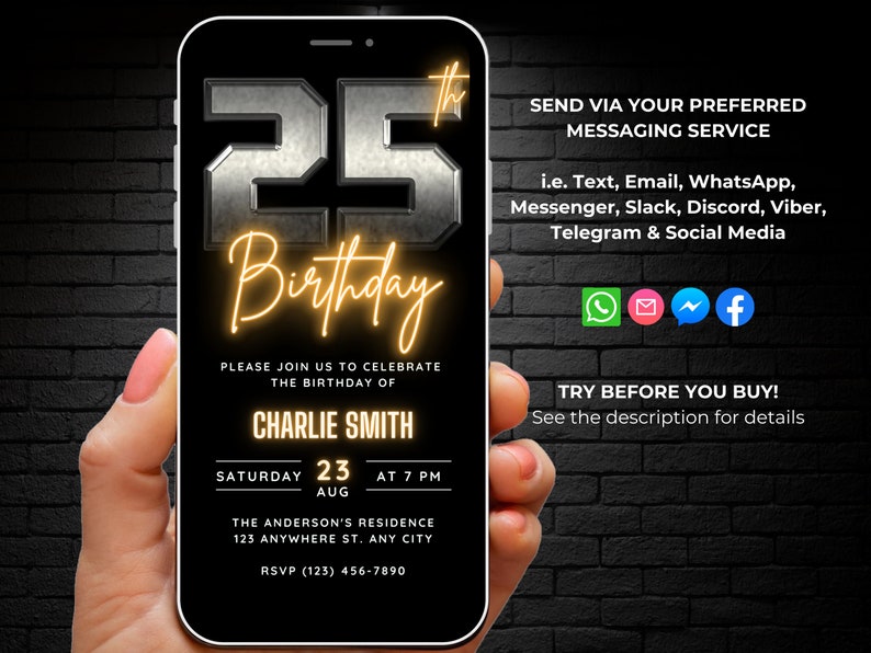 Digital 25th Birthday Invitation for Men 25 Invite Flyer, Rustic Metal ...