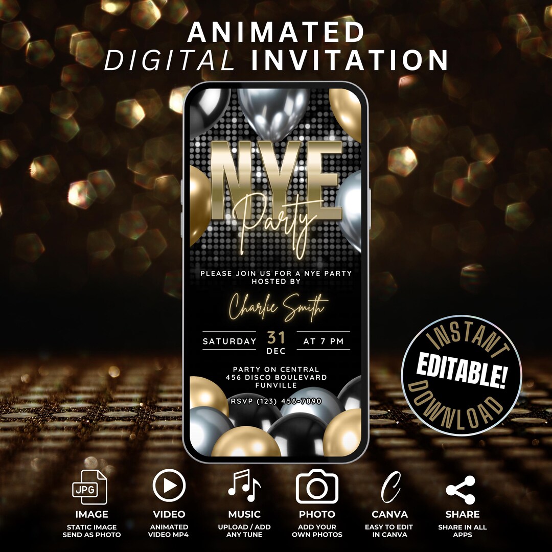 New Years Invitation Digital Flyer, Self Edit Black & Gold NYE Invite ...