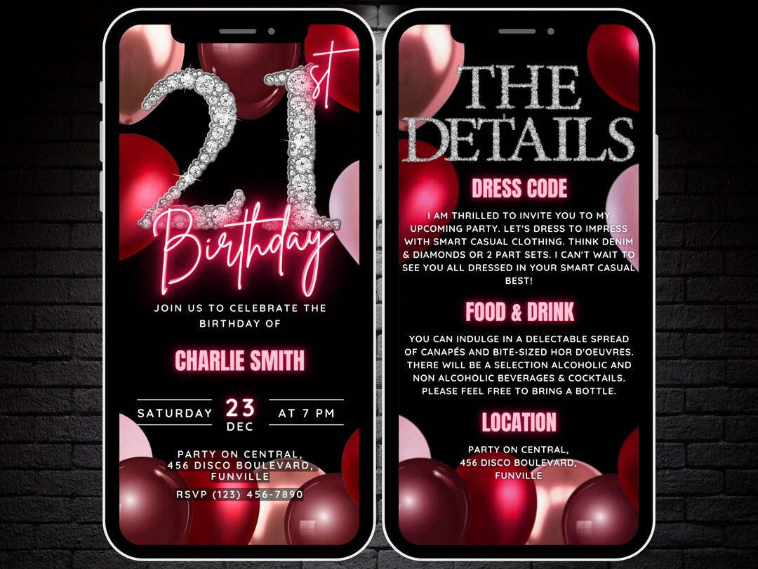 Girls 21st Birthday Digital Invitation Template, Editable Animated Red ...