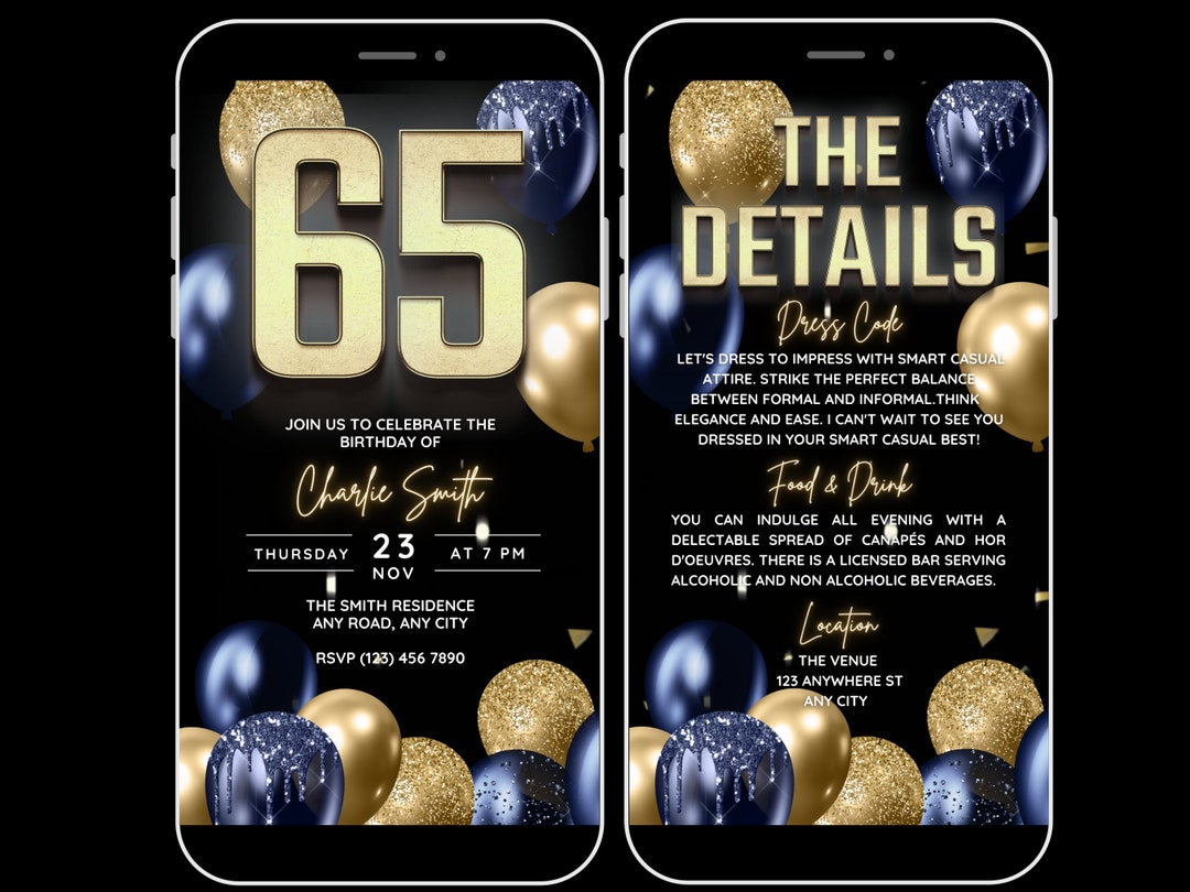 Luxury 65th Birthday Gold and Navy Balloon Invite, Animated 65th Party ...