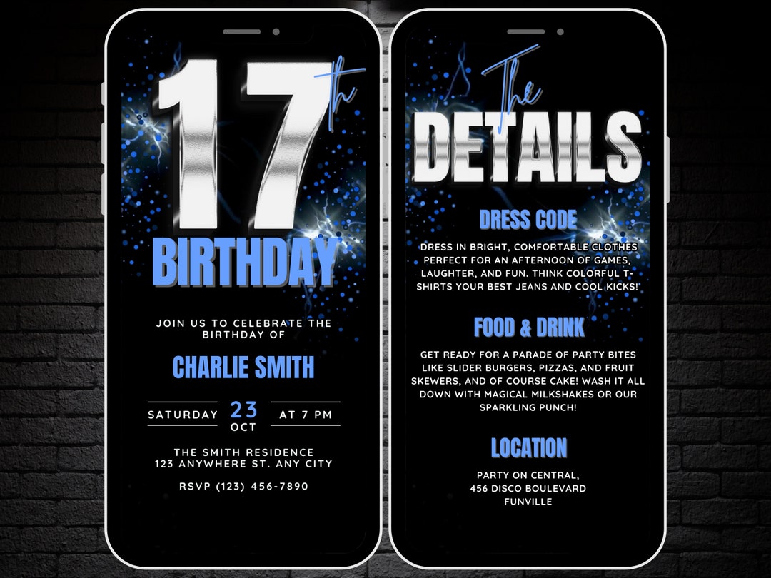 Digital 17th Birthday Invitation for Boys Girls, Animated 17th Birthday ...