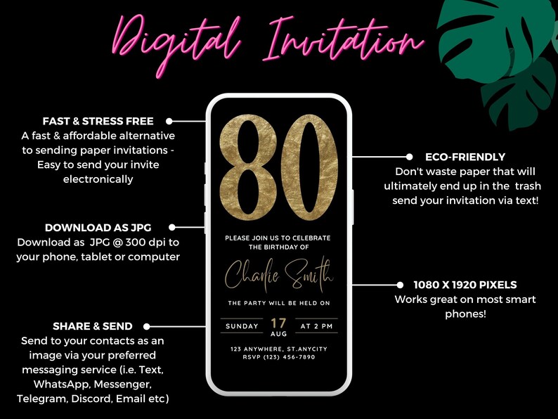 Gold Foil 80th Birthday Party Invitation, Black and Gold 80th Party ...