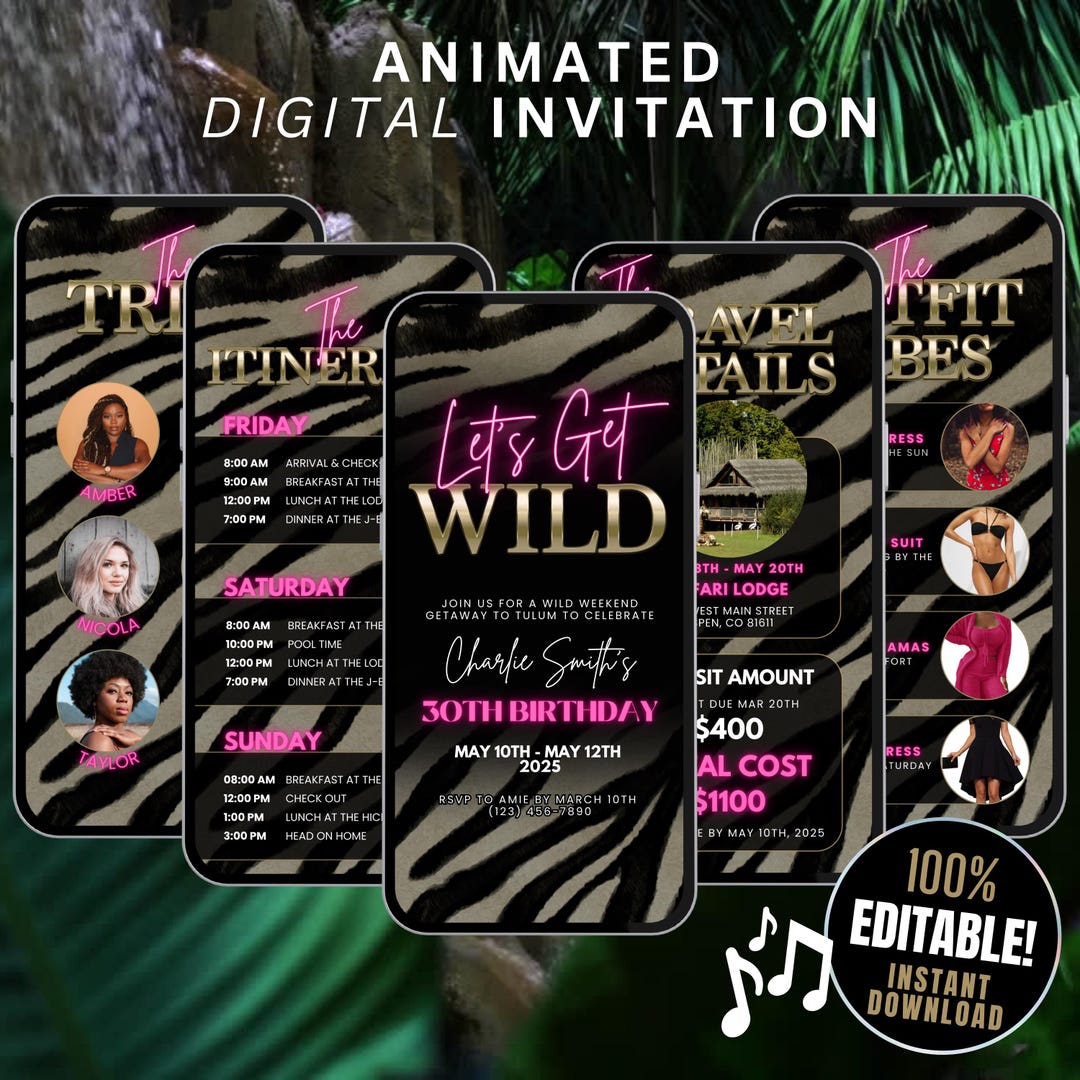 Digital Girls Weekend Trip Invitation Template, Lets Get Wild Zebra ...