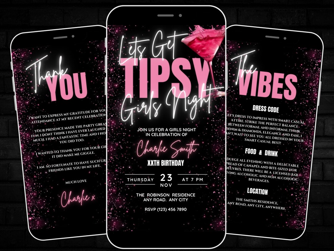 Animated Girls Night Invitation, Girls Fun Night Out Invitation, Neon ...