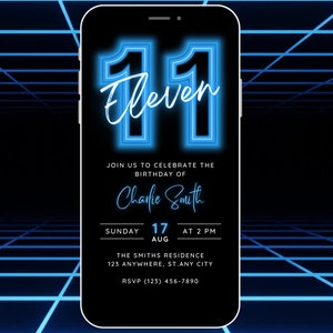 Animated 11th Birthday Invitation Template for Boys, Editable 11th Birthday Party Invite Neon ...