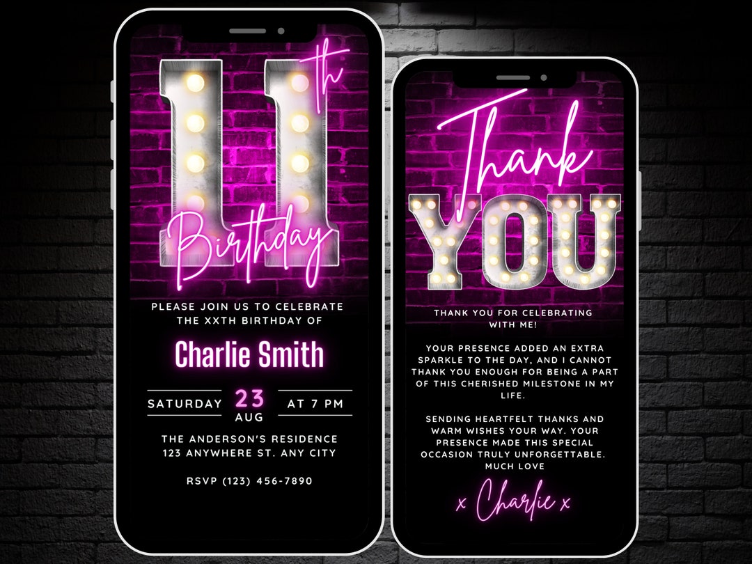 Girls 11th Birthday Invitation Digital Template, Editable Neon Pink 11 ...
