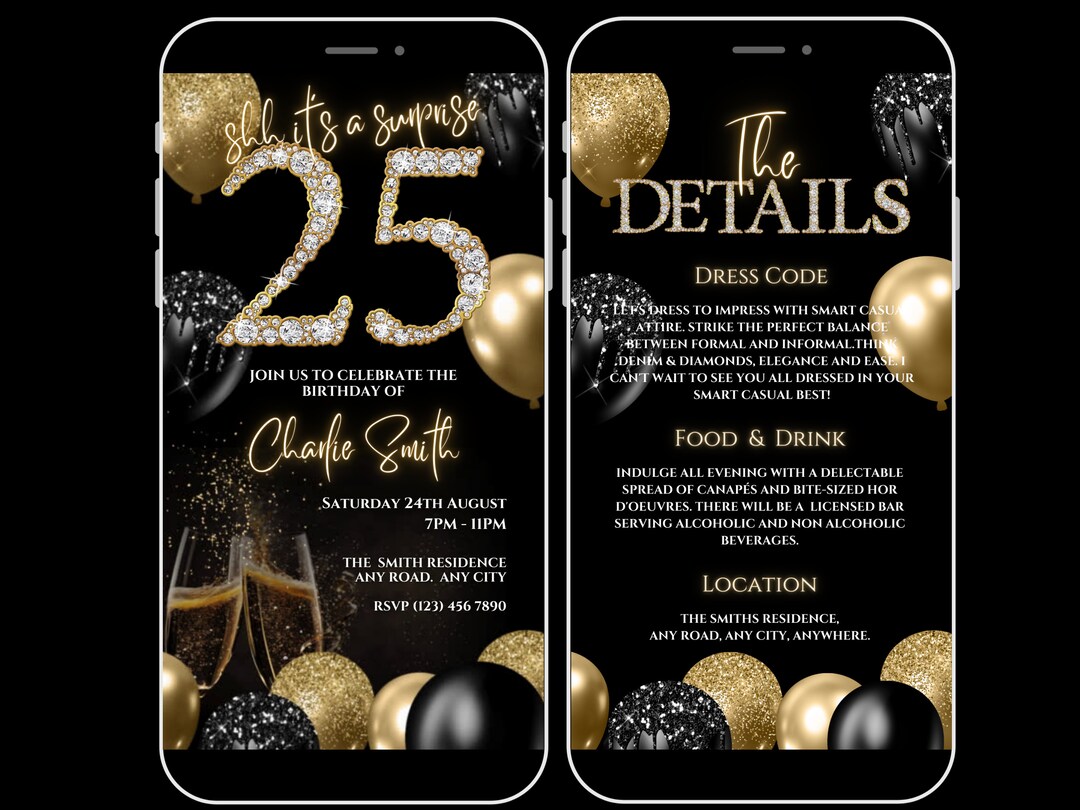 Animated 25th Birthday Invitation for Women, 25th Surprise Party ...