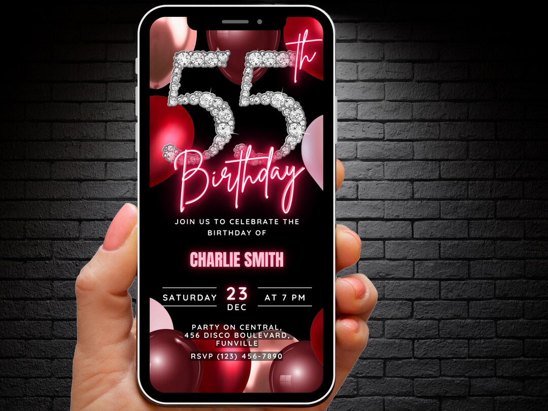 Womens 55th Birthday Invitation Template, Self Edit Animated Red Berry ...