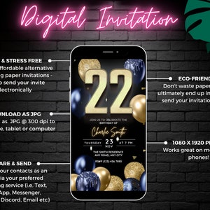 Animated Navy Blue and Gold 22nd Birthday Invitation, 22nd Party Invite ...