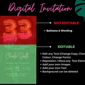 Digital 33rd Birthday Party Invitation Template, Neon Pink Tropical ...