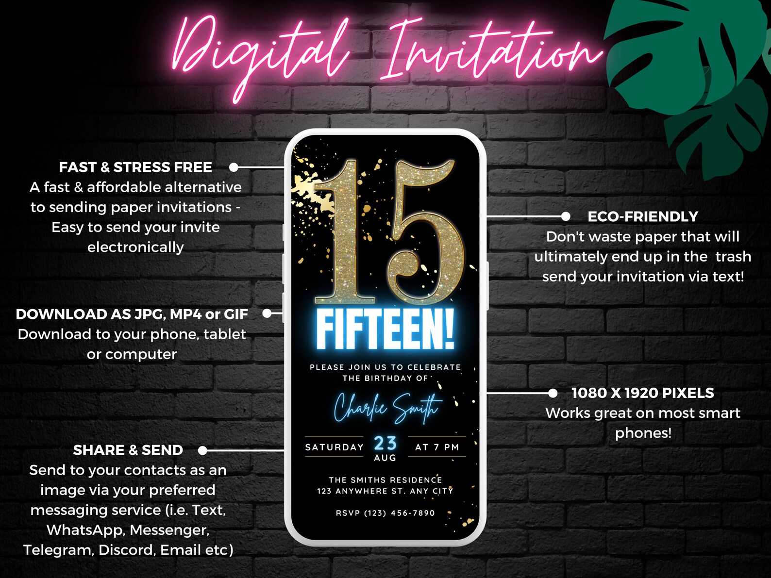 Animated 15th Birthday Party Invitation for Girls, Digital 15 Birthday ...