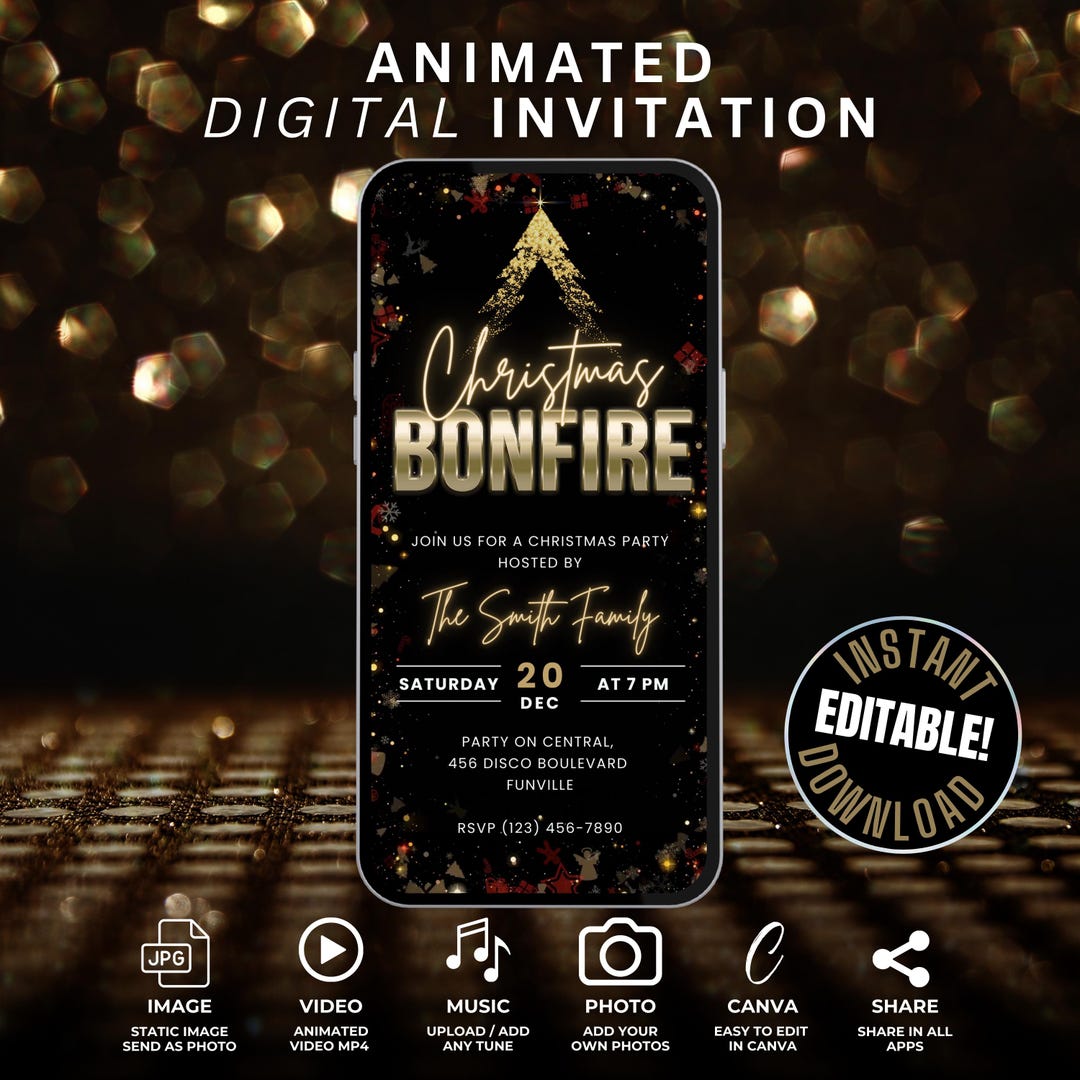 Digital Bonfire Christmas Party Invitation Template, Self Edit Backyard ...
