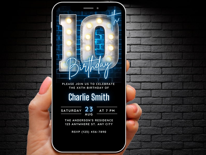 Boys 10th Birthday Invitation Digital Template Download, Neon Blue 10 ...
