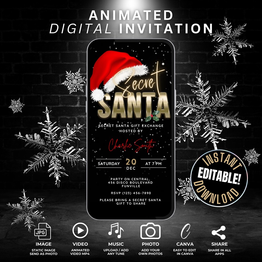 Animated Secret Santa Gift Exchange Christmas Party Invitation Template ...