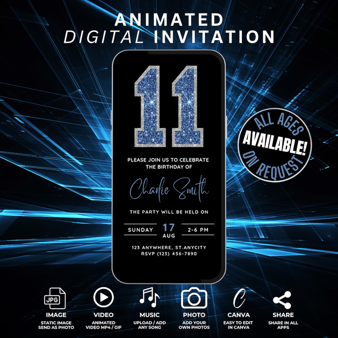 11th Birthday Invite Boy Digital 11th Birthday Invitation Girl , Animated Phone Invite Canva ...
