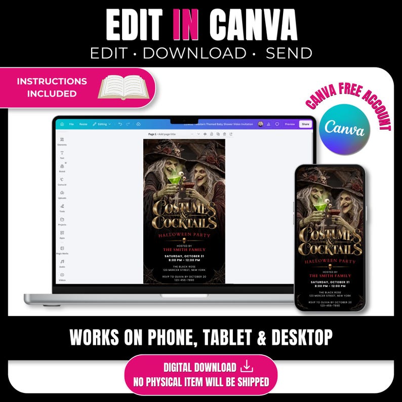 Animated Witch Halloween Invitation Costumes & Cocktails Party Invite ...