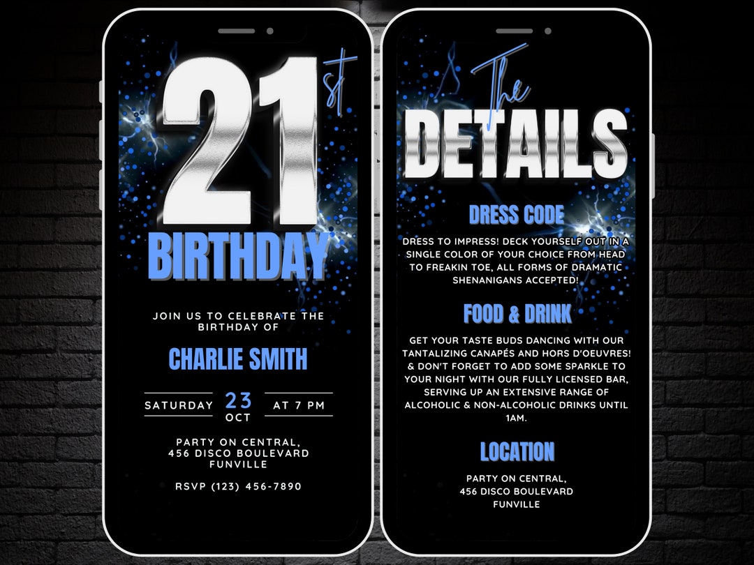 Animated 21st Birthday Party Invitation for Men, Silver & Blue 21 ...