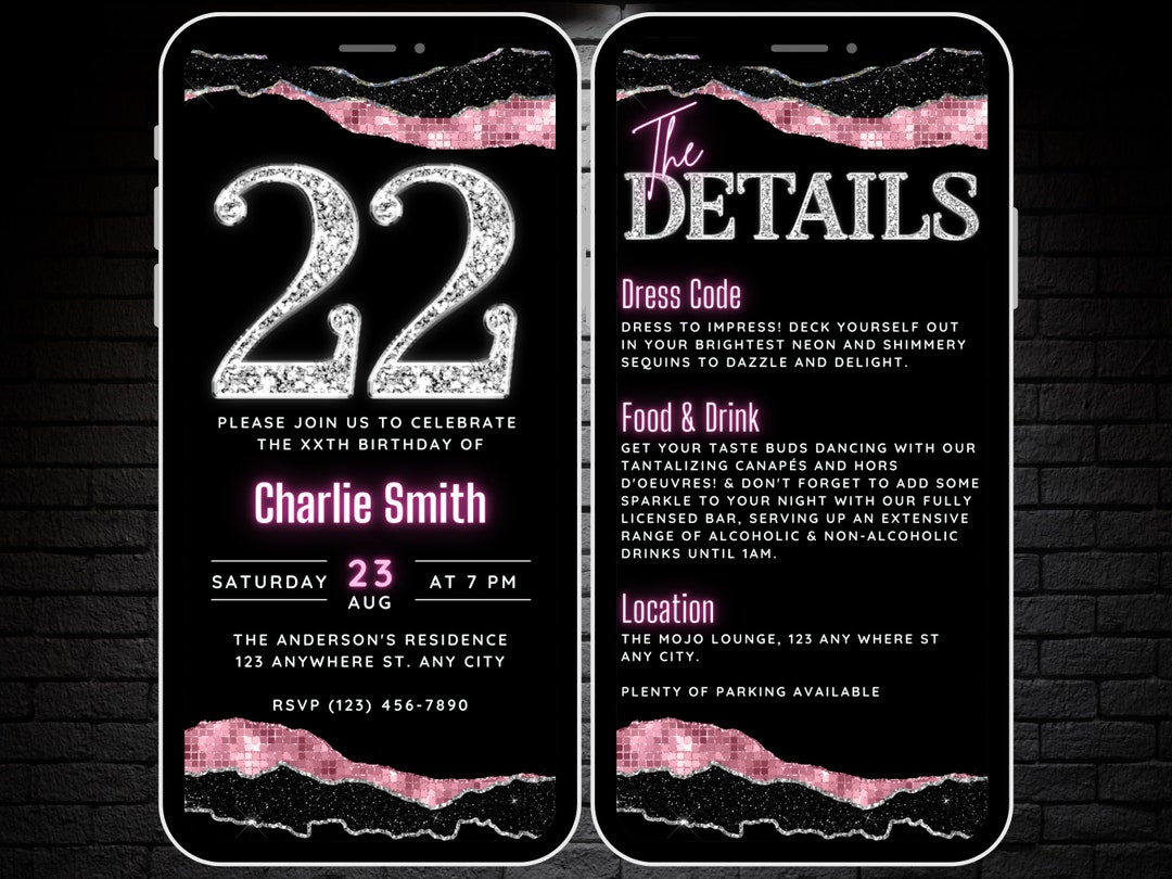 Digital 22nd Birthday Invitation, 22nd Diamond Invitation for Women ...