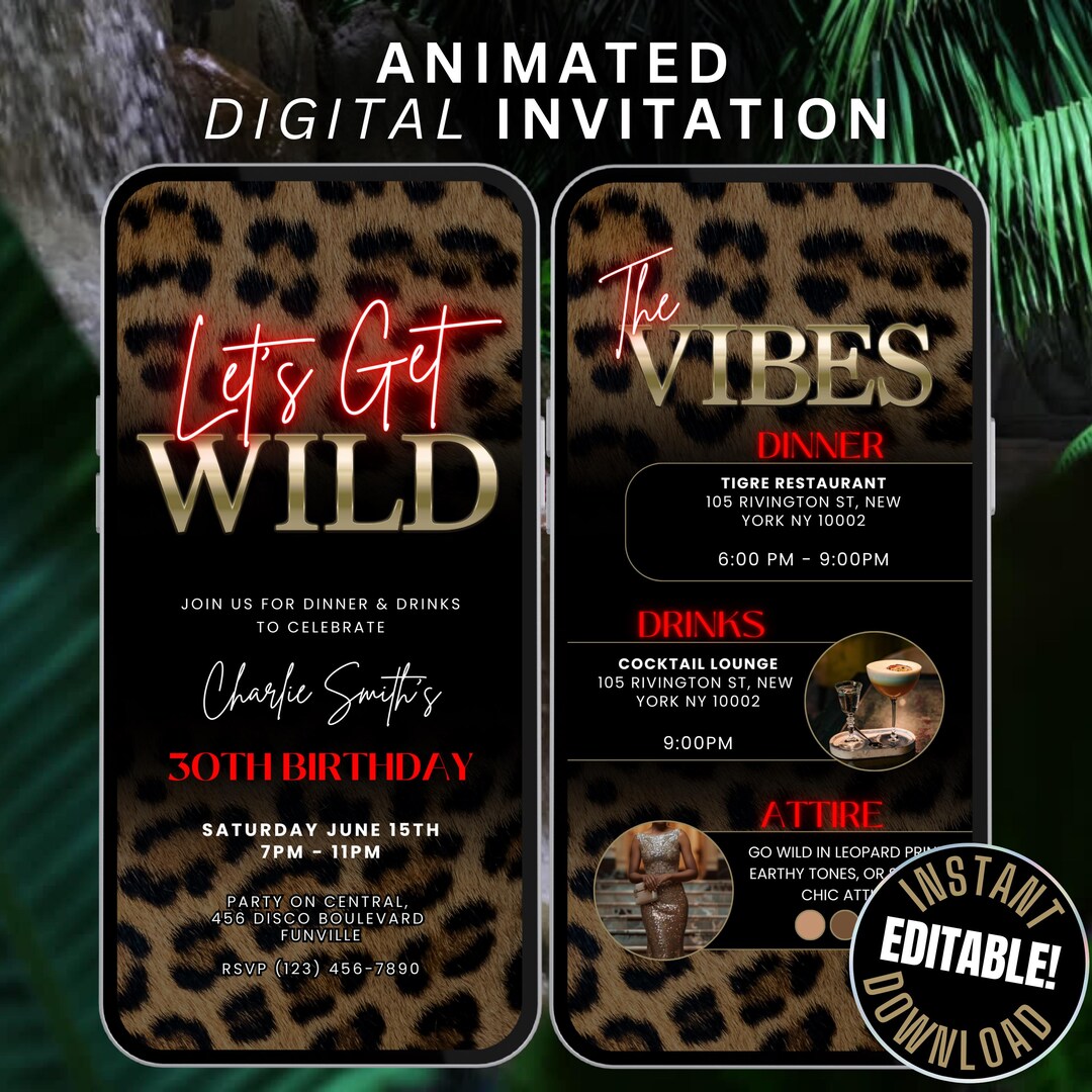 Cheetah Print Birthday Dinner & Drinks Invitation Template, Animated ...