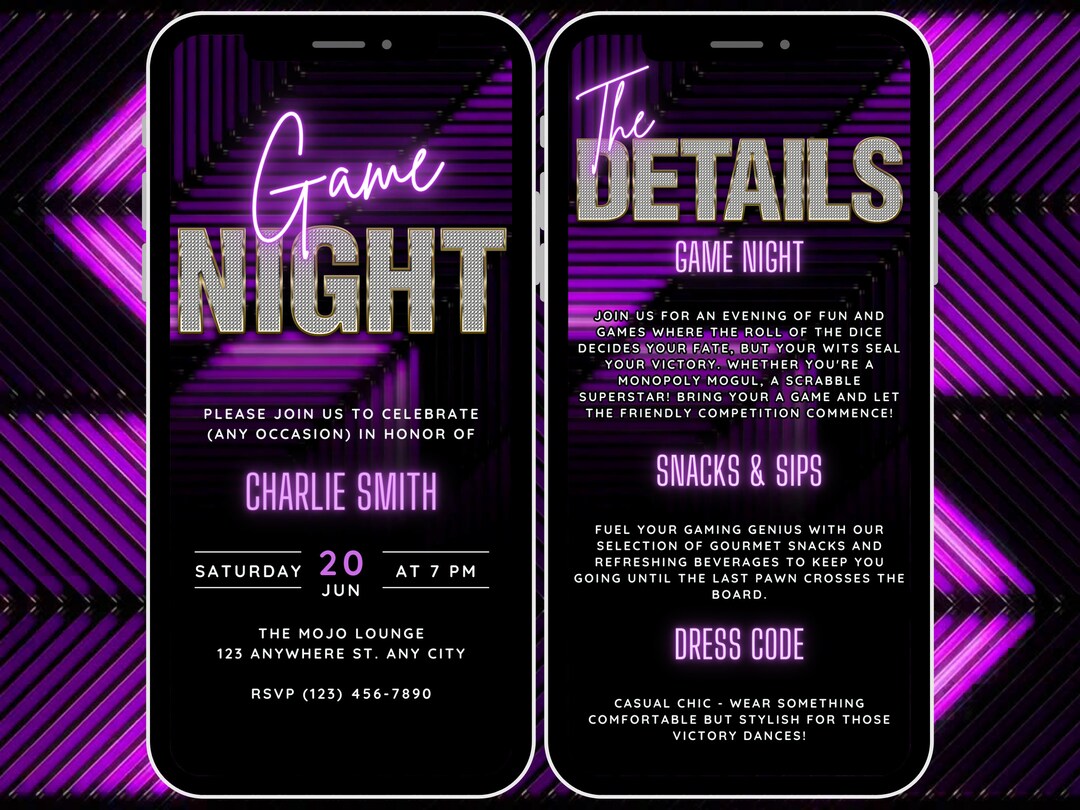 Girls Game Night Invitation, Diamond Neon Purple Retro Birthday Party ...