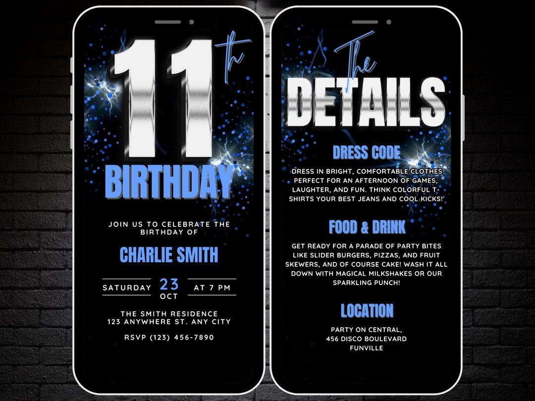 Boys 11th Birthday Invitation Template, Animated Silver Blue 11 Birthday Party Invite, Editable ...