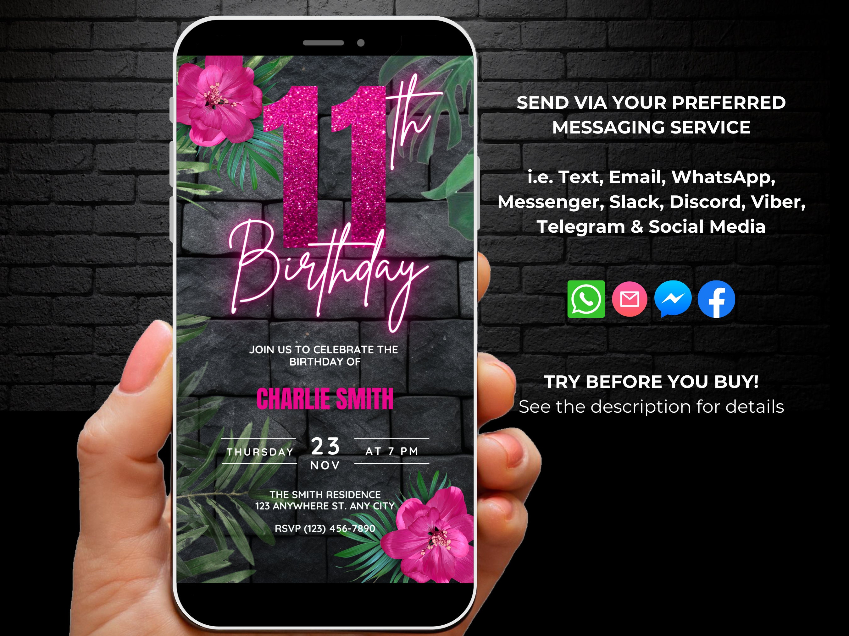 Girls 11th Birthday Invitation Animated Neon Pink 11th - Etsy