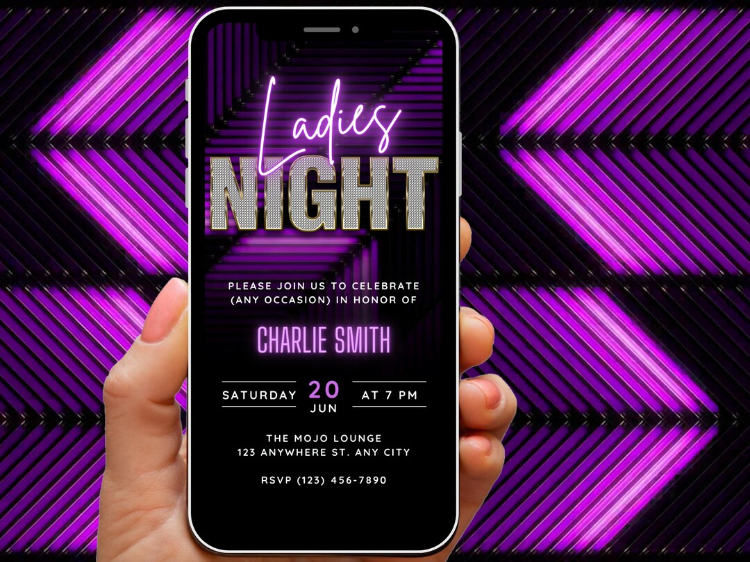 Digital Ladies Night Out Invitation, Girls Animated Neon Purple ...