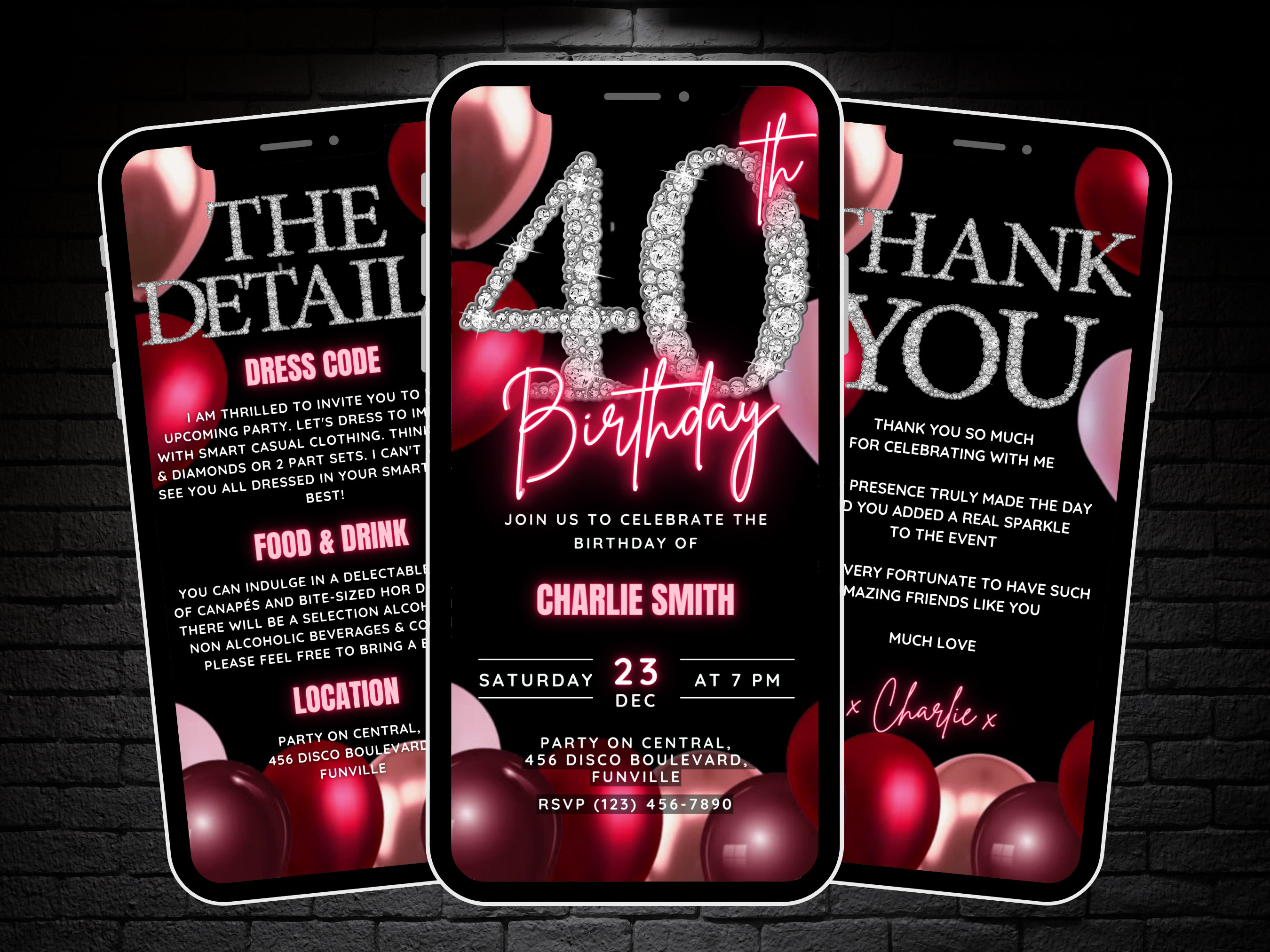 Womens 40th Birthday Digital Invitation Template, Editable Animated Red ...