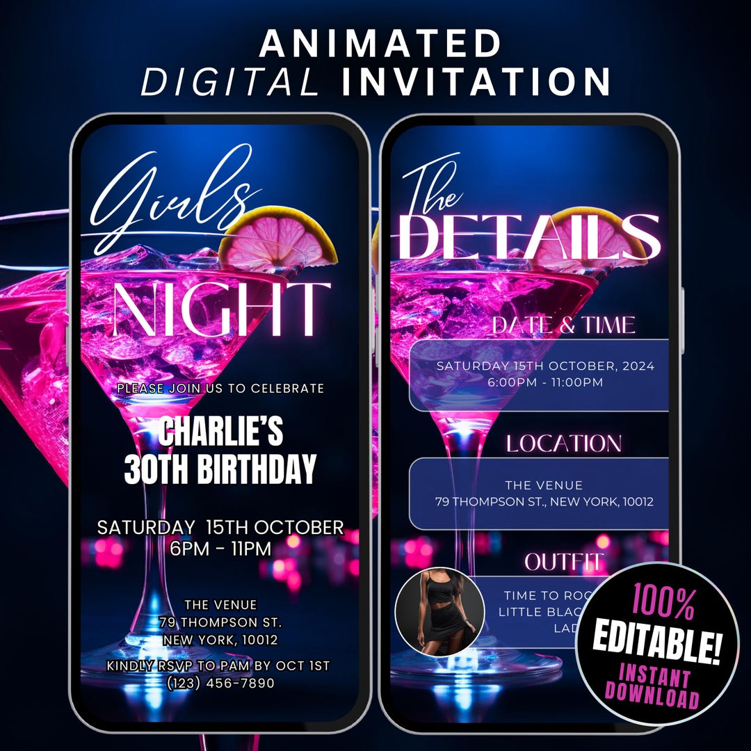 Animated Girls Night Party Invitation Digital Template, Editable Moms ...