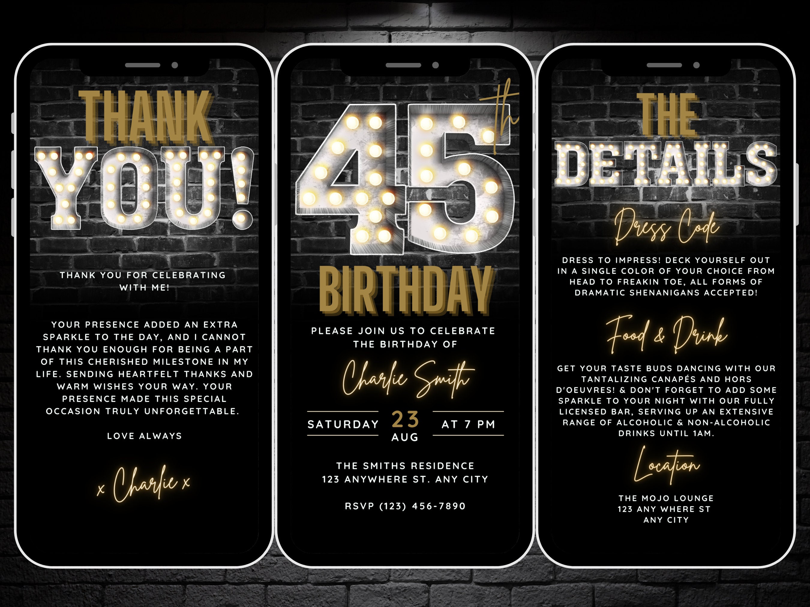 Mens 45th Birthday Invite 45th Digital Invitation Black Gold - Etsy