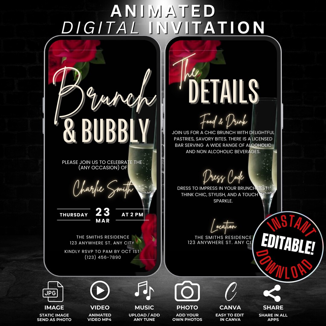 Animated Champagne Birthday Brunch Invitation, Digital Lets Brunch ...